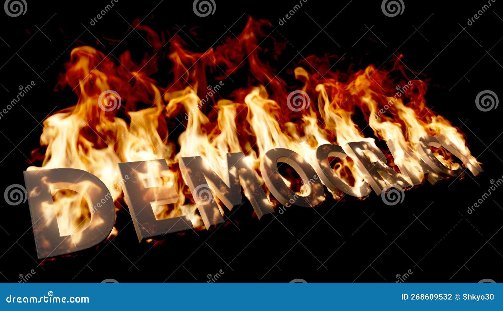 Low-angle View of Big Democracy Word on Fire with High Flames on Black ...