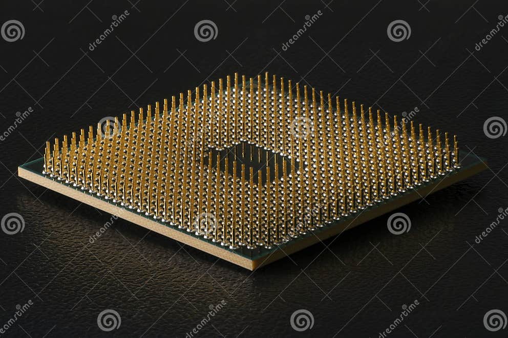 Low Angle View of CPU Processor Chip Pin Side Up Isolated on Black ...