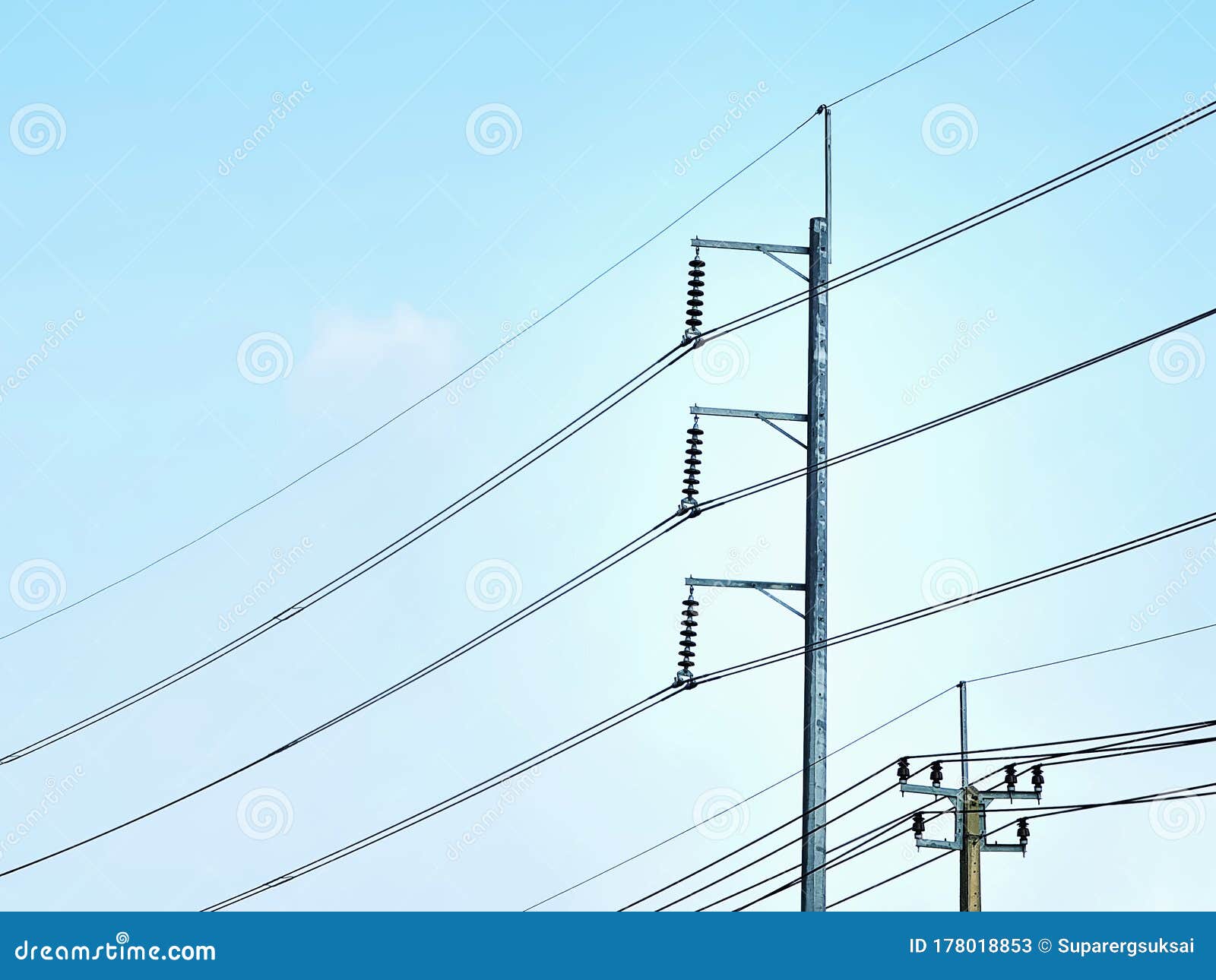 Electrical Power Cables and Posts Against Clear Blue Sky Stock Image ...