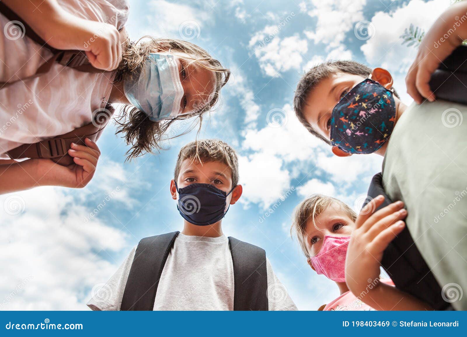 Children with Face Masks Looking Down the Camera, Cloudy Blue Sky Stock ...