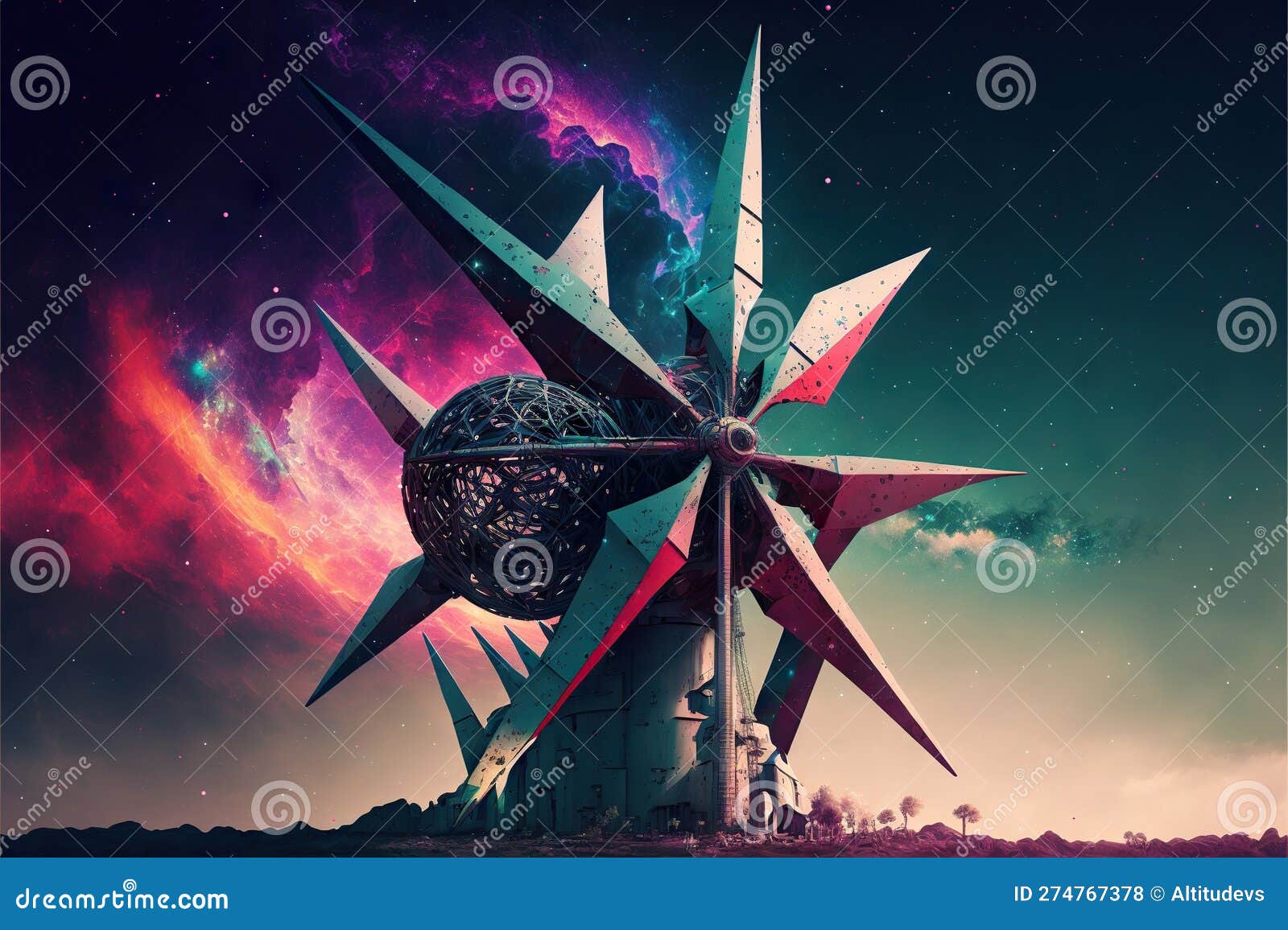 Low Angle View of Futuristic Windmill with Nebula in Background Stock ...