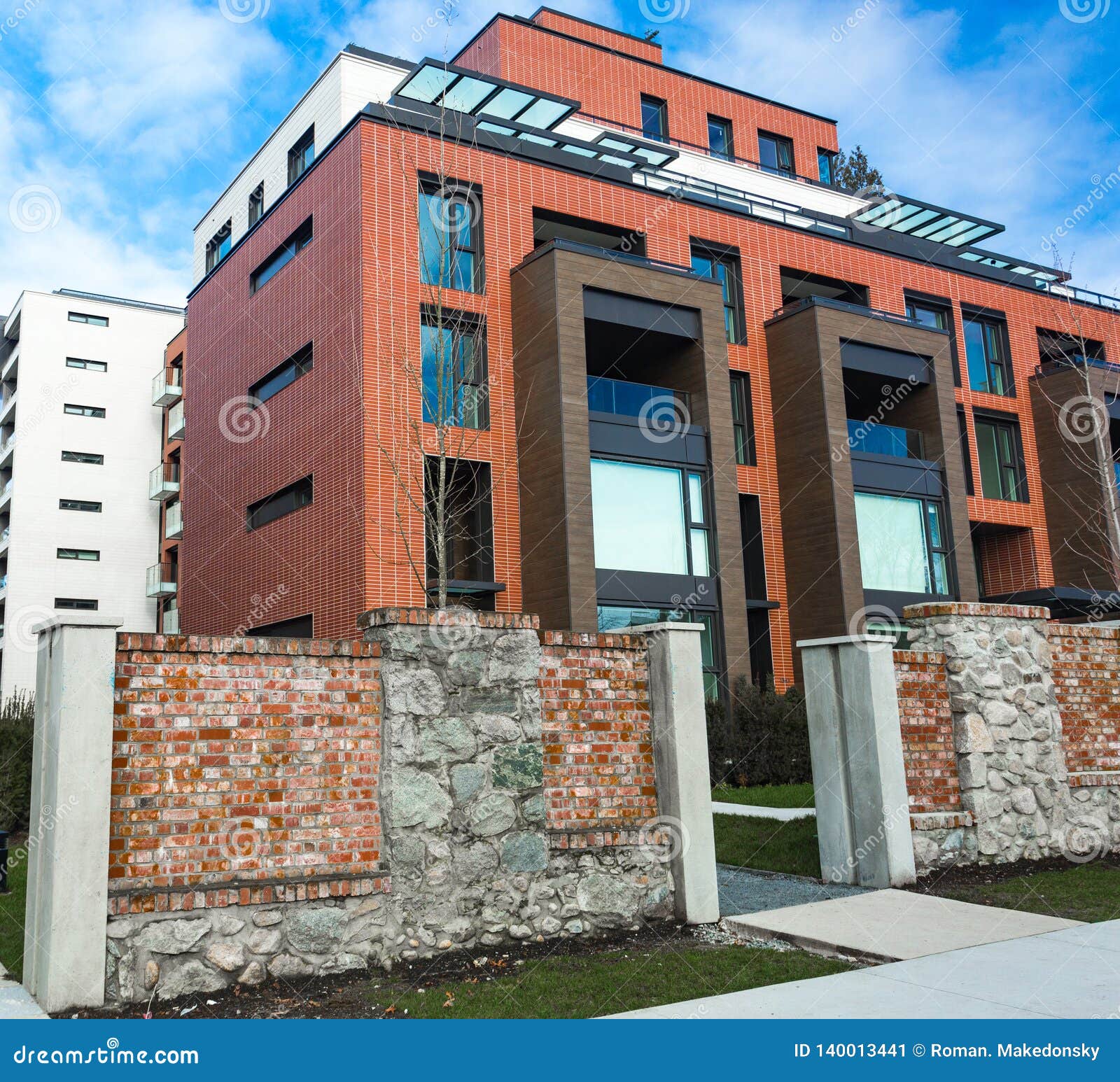 Low Angle View on Modern Residential Brick Apartment Building Exterior ...