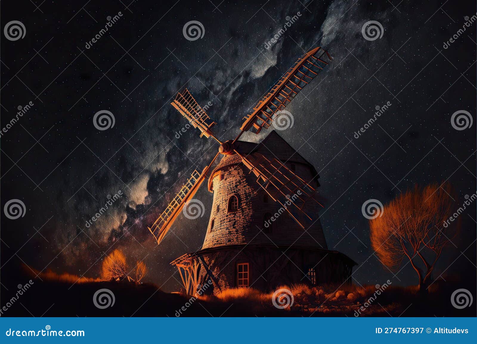 Low Angle View of Old Windmill with Night Sky in Background Stock Image ...