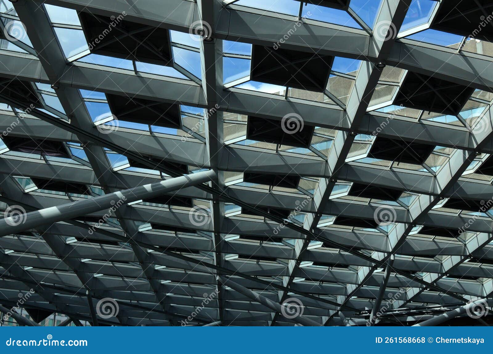 Low Angle View of Overhang Glass Ceiling. Modern Design Stock Photo ...