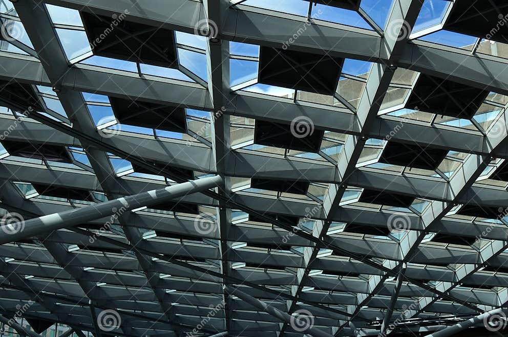 Low Angle View of Overhang Glass Ceiling. Modern Design Stock Photo ...