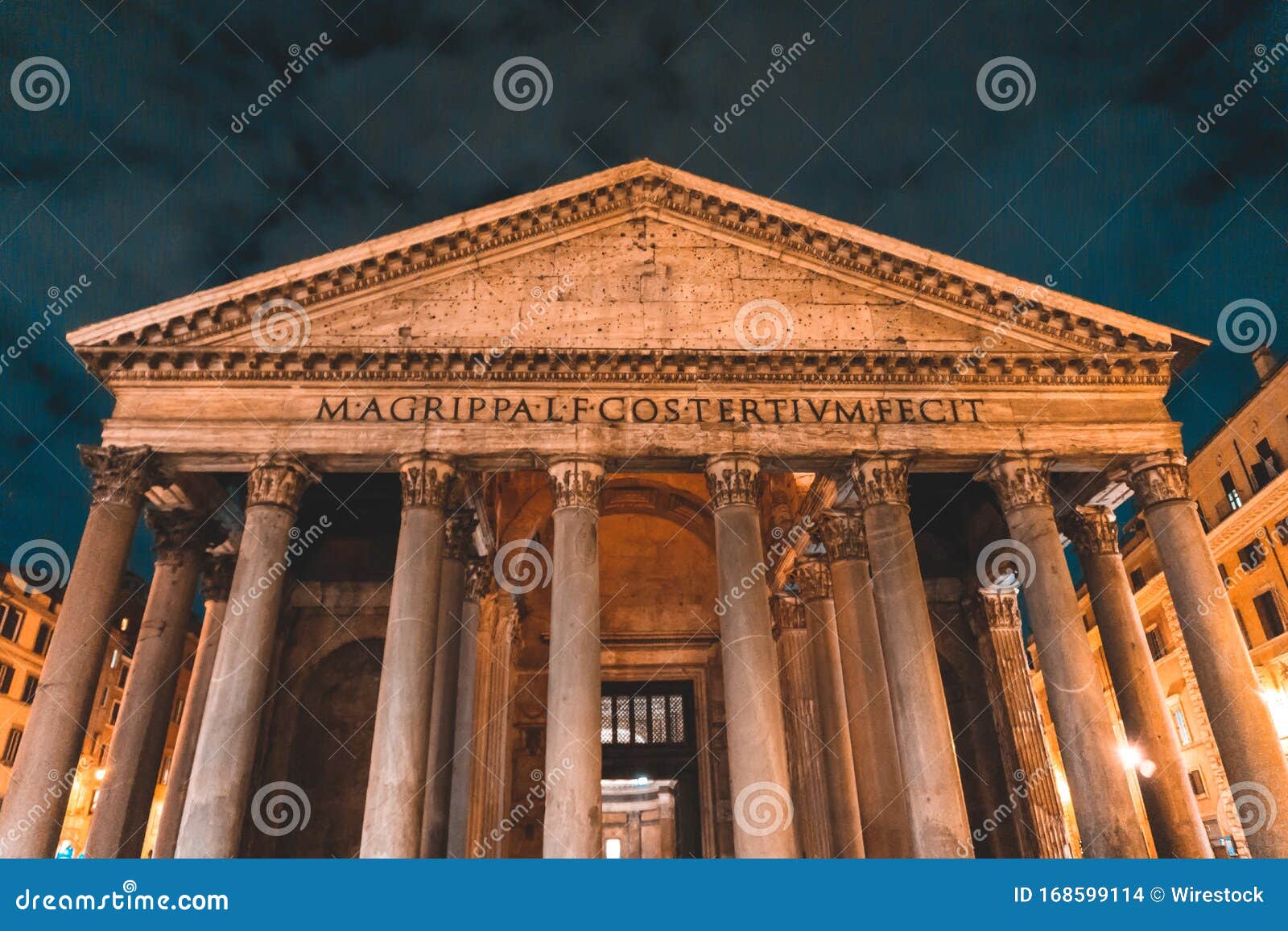 Low Angle View of the Pantheon Surrounded by Lights and Buildings Under ...