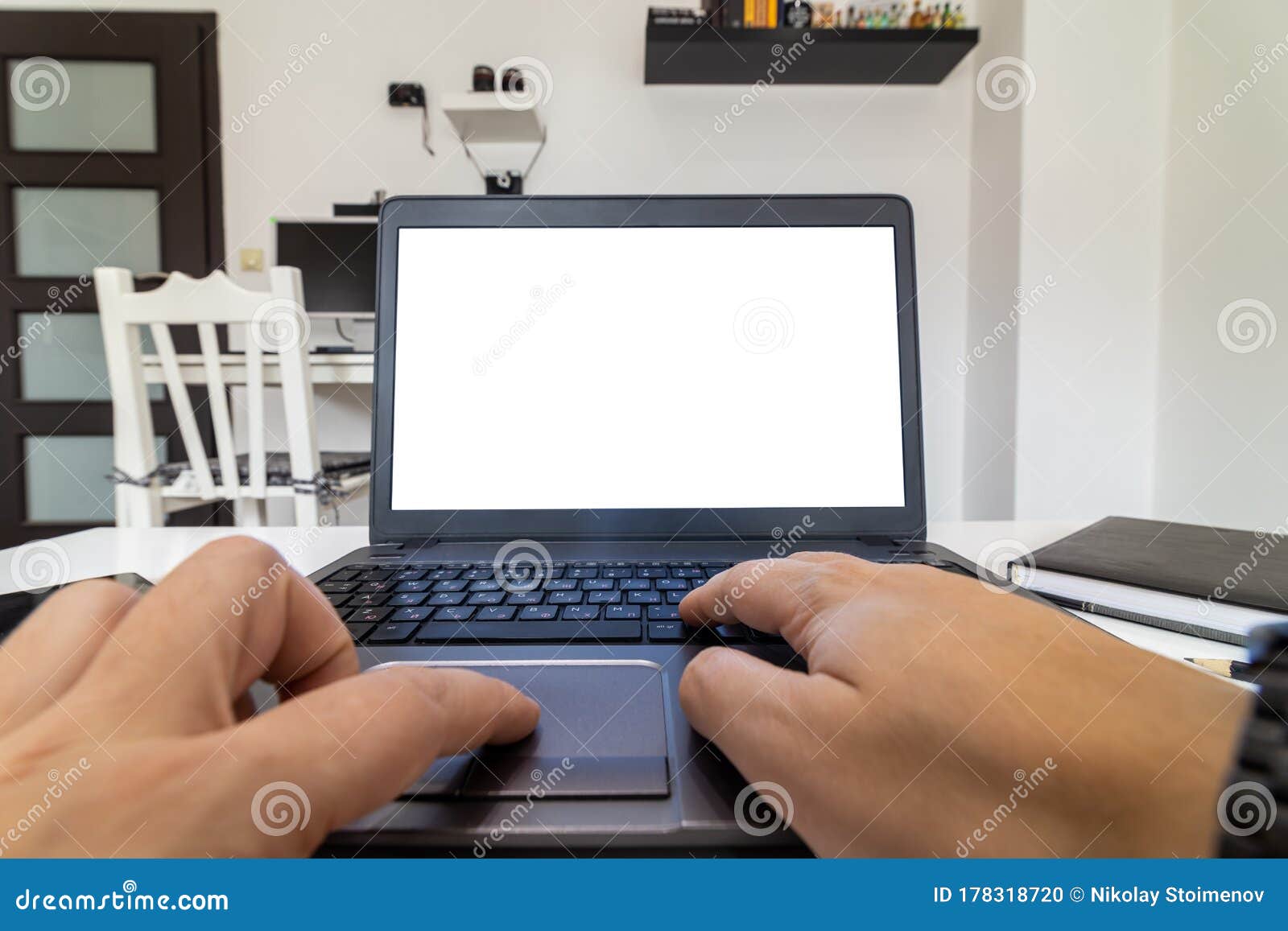 Low Angle View of a Person Working on a Laptop from Home Stock Photo ...