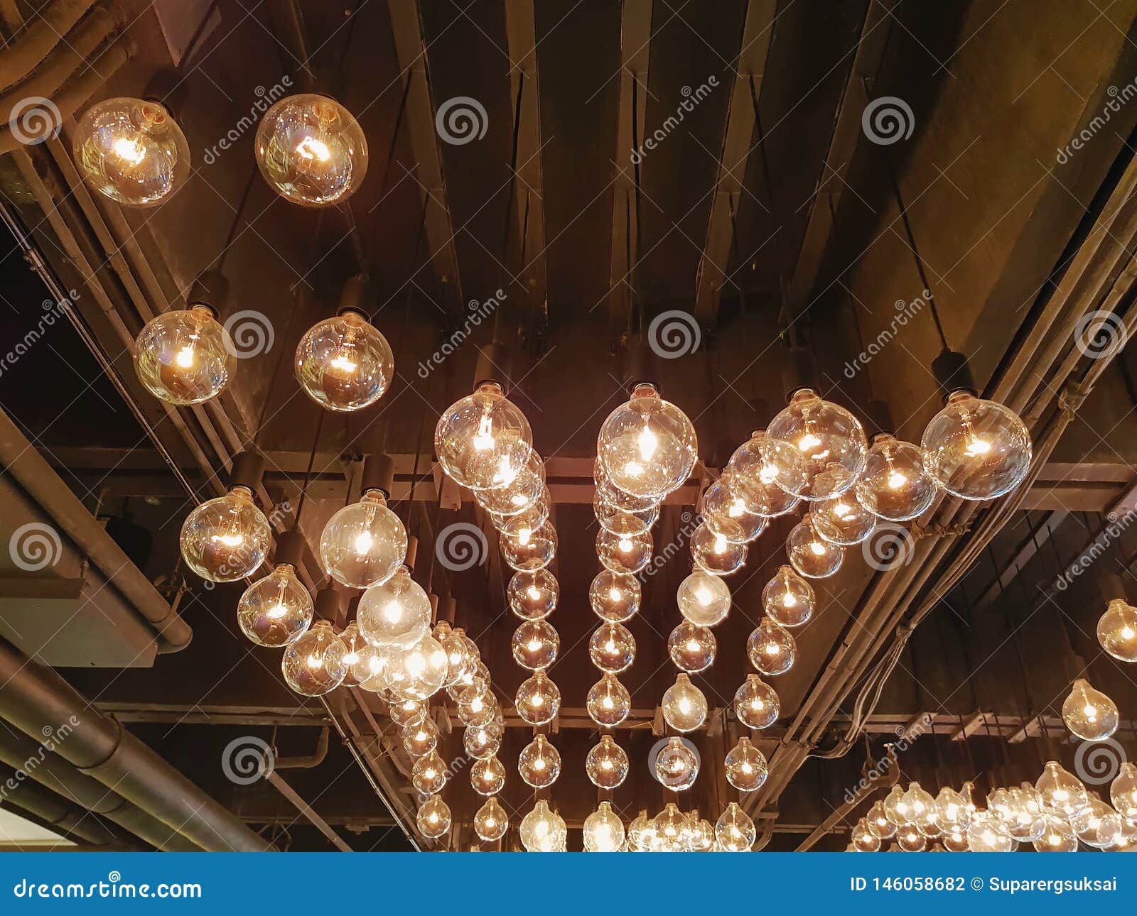 Retro Decorative Hanging Illuminated Light Bulbs Inside the Room Stock ...