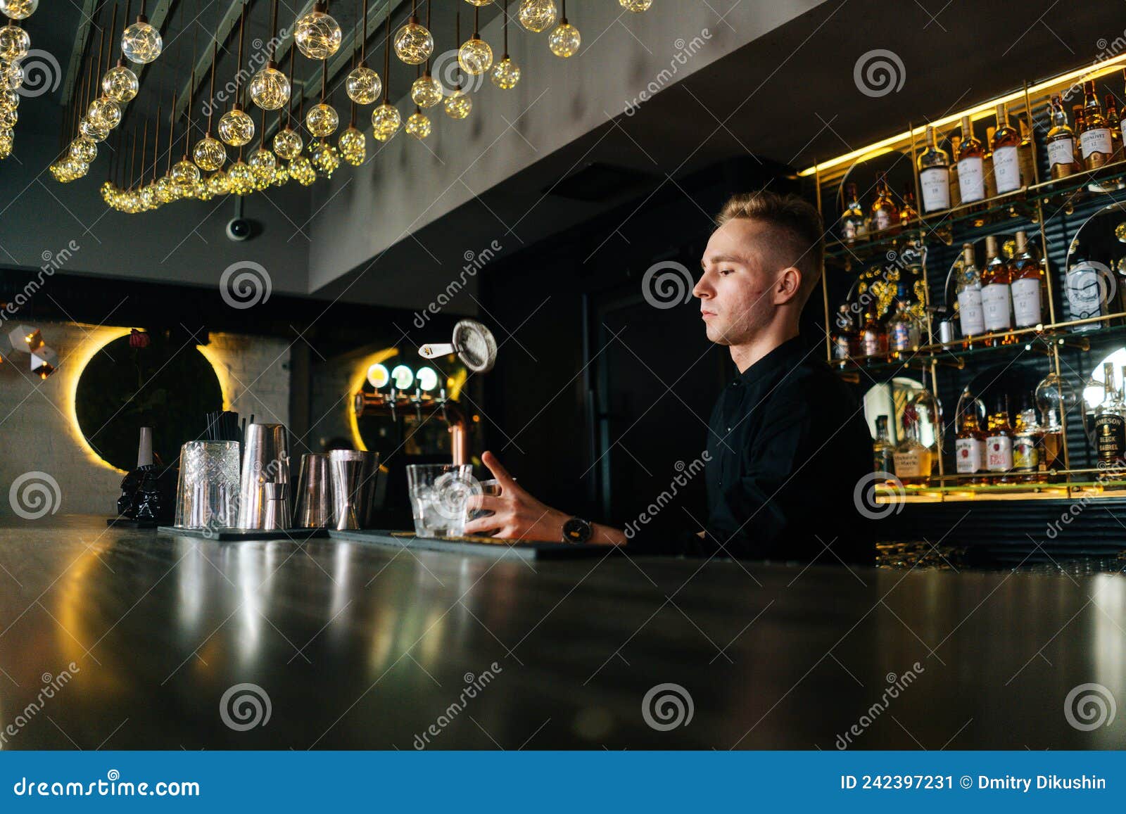 Low-angle View of Serious Bartender Making Refreshing Alcoholic ...