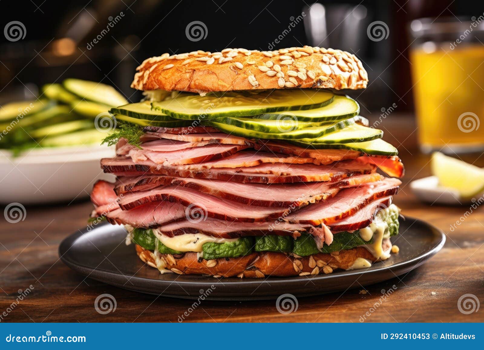 Low Angle View of Stacked Roast Beef Sandwich with Cucumbers Stock ...