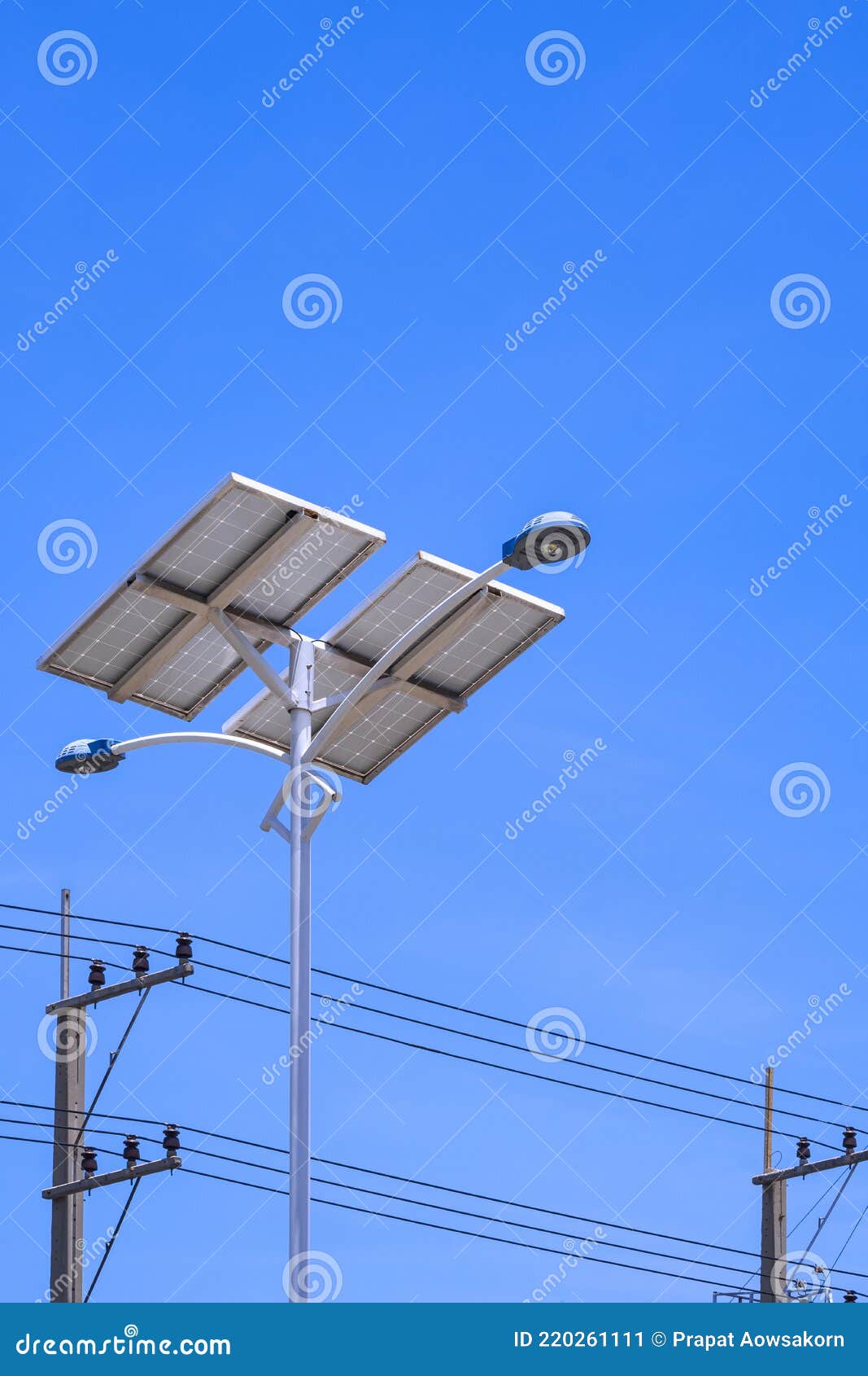 Streetlight Post and Solar Power Panels with Electric Poles Against ...