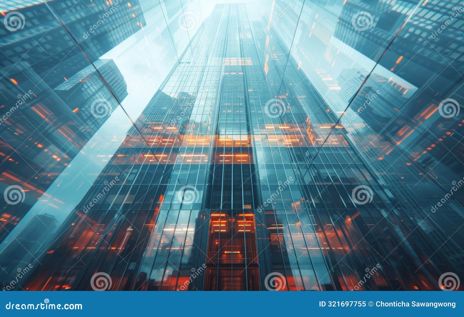 A Low Angle View of a Tall Skyscraper, with the Sun Reflecting Off the ...