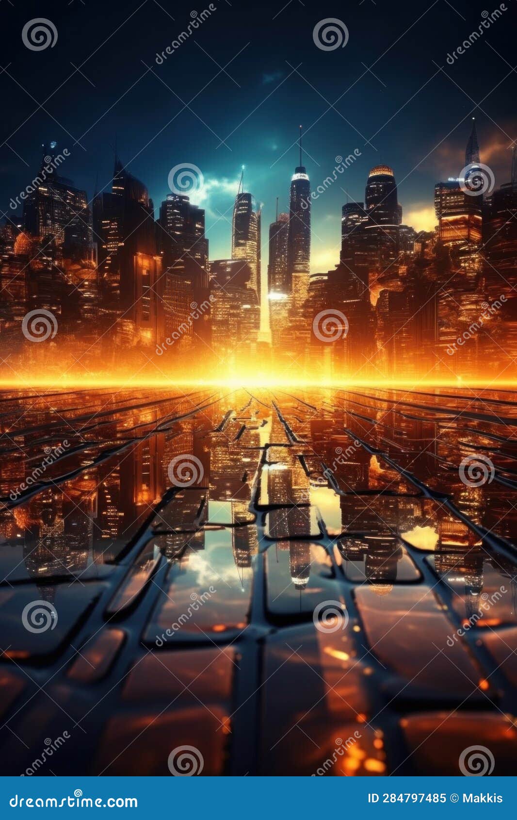 Low Angle View of Wet Cobblestone Surface with Skyscraper Reflections ...