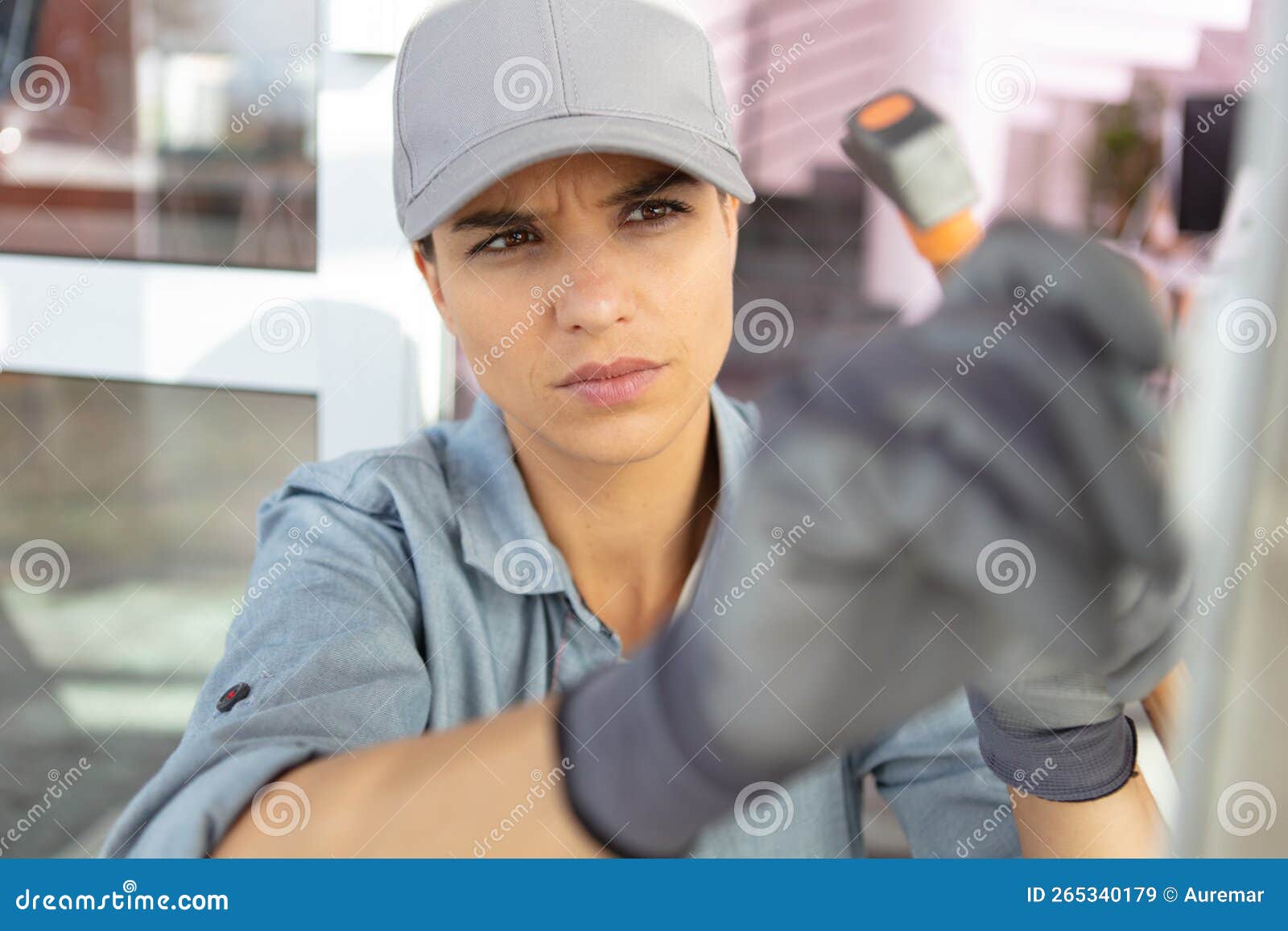 Low Angle Young Woman Working Installing Windows Stock Image - Image of ...