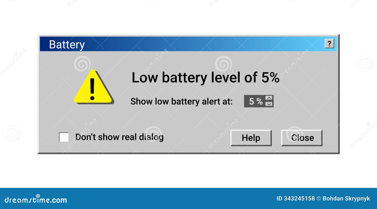 Low Battery Level Notification. Laptop Message about Power Stock ...
