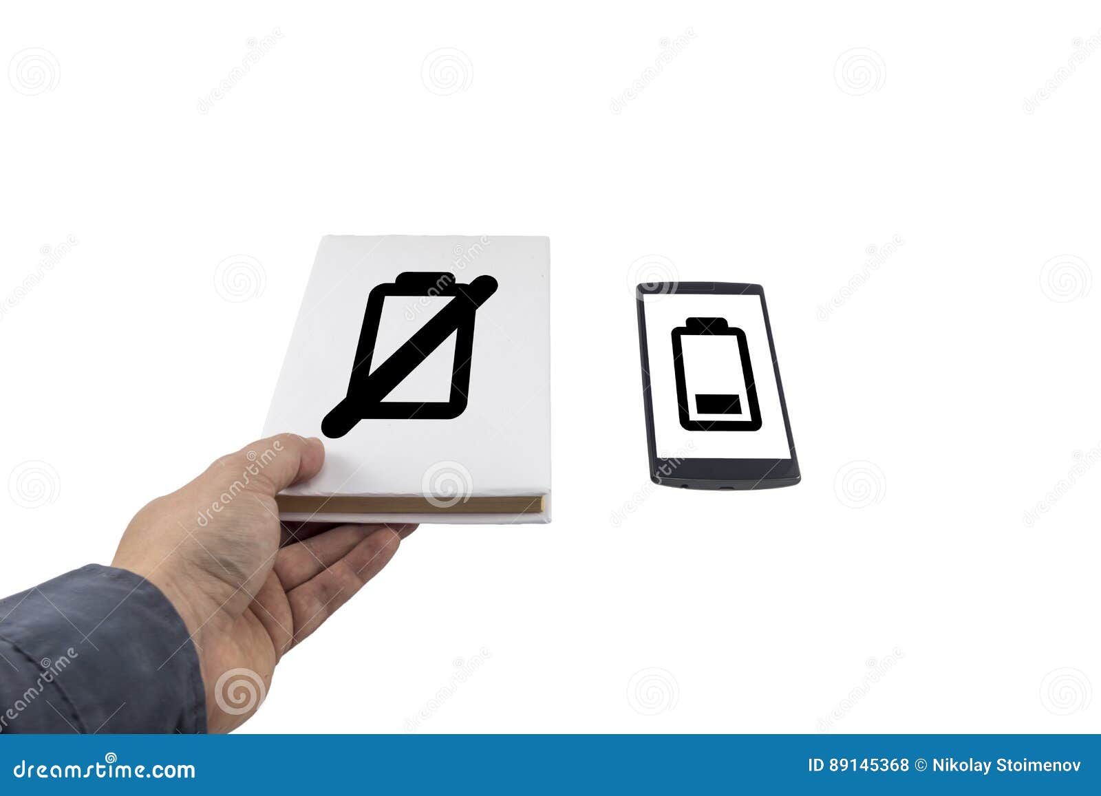 Low Battery Problem Concept. Book Vs Phone Stock Photo - Image of ...
