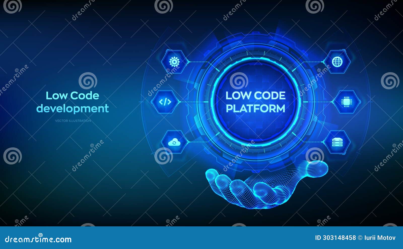 Low Code Platform and No Code Development Technology Concept in Wireframe Hand. LCDP and NCDP ...