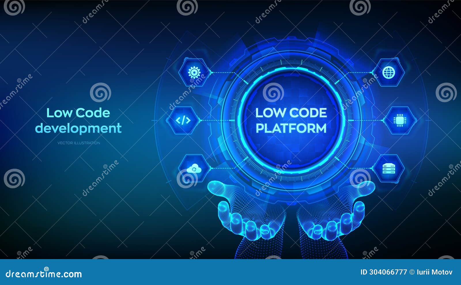 Low Code Platform And No Code Development Technology Concept In Wireframe Hands Lcdp And Ncdp