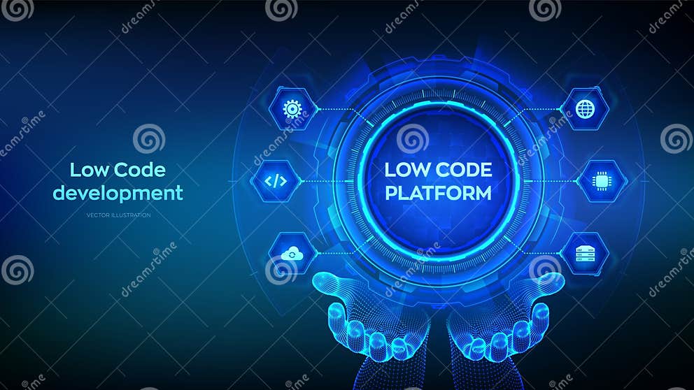 Low Code Platform And No Code Development Technology Concept In Wireframe Hands Lcdp And Ncdp