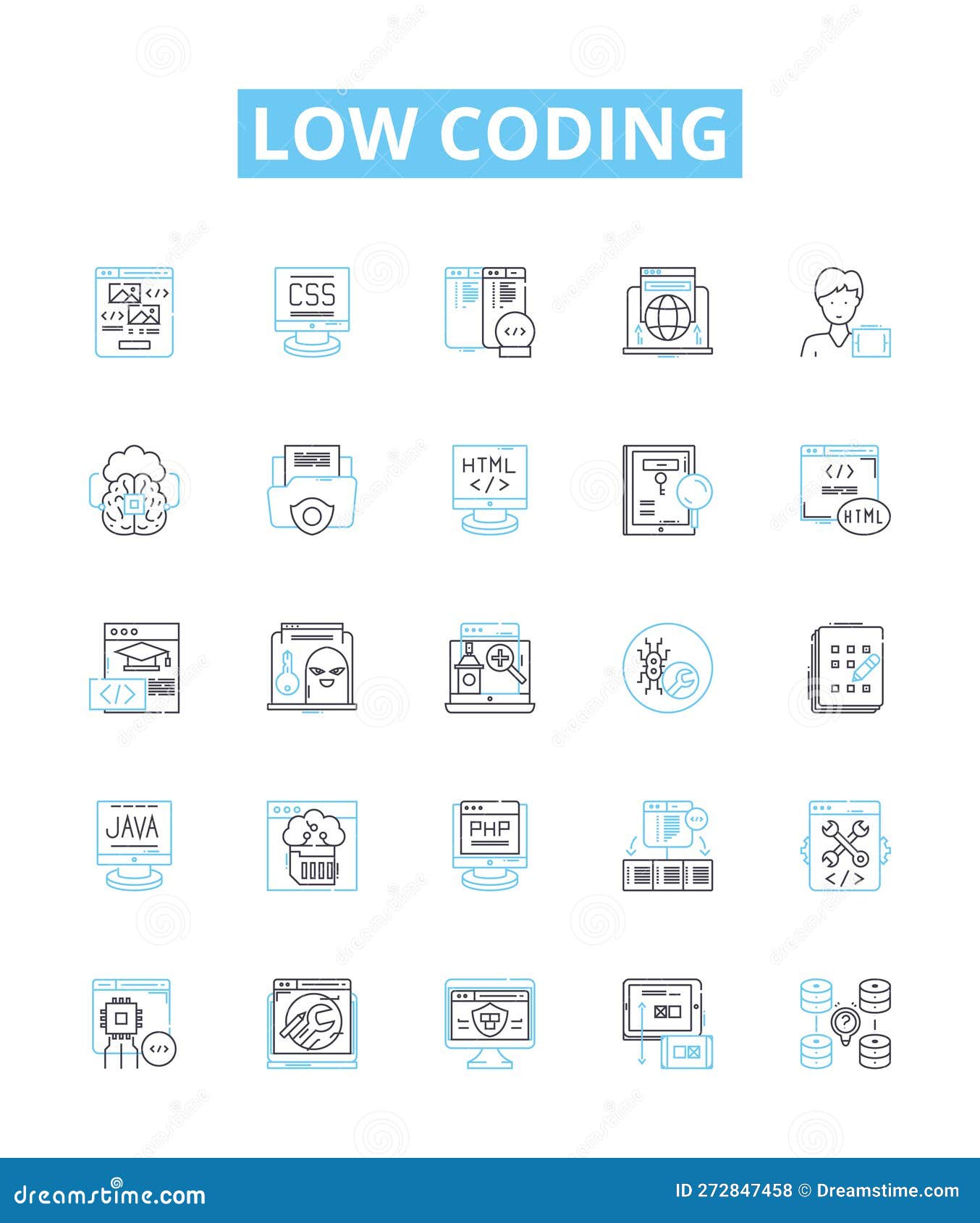 Low Coding Vector Line Icons Set. No-code, Visual, Declarative, Automation, Platform ...