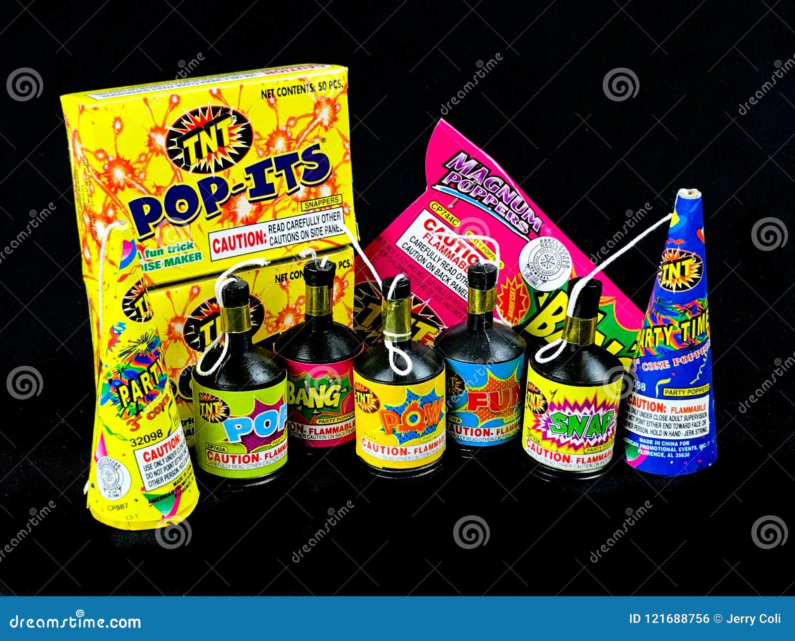 Low Grade Hand Held Fireworks Like Pop Its and Party Poppers on a Black ...