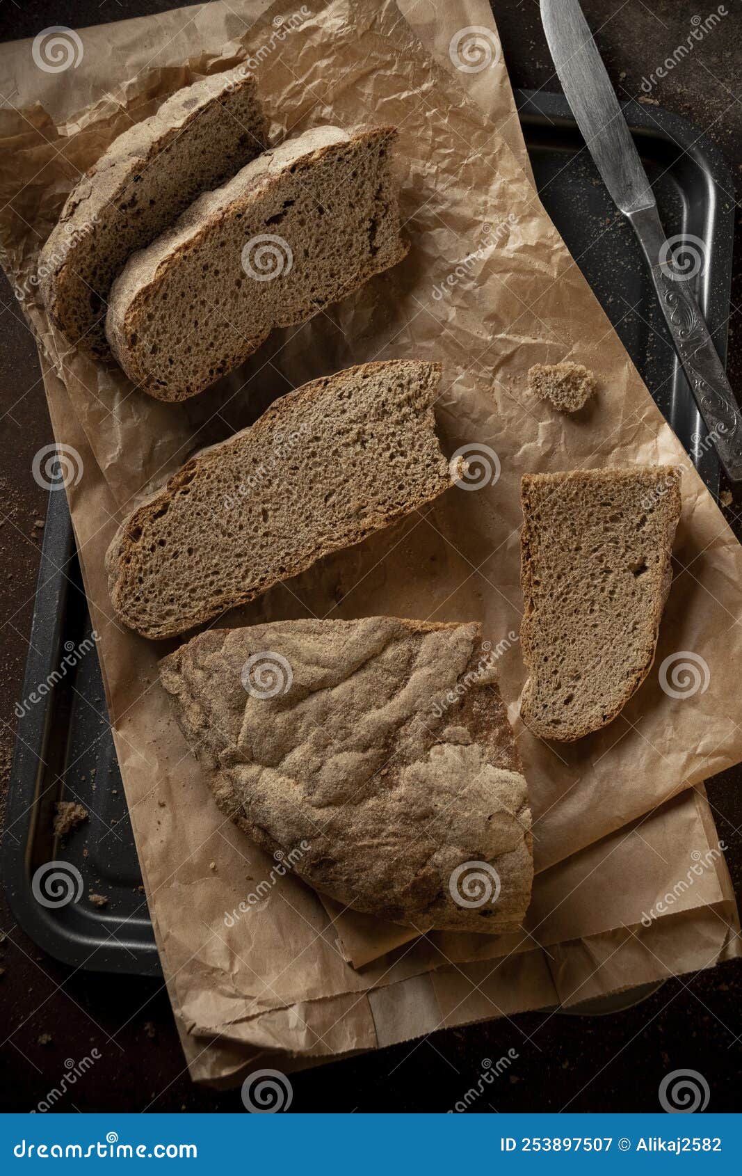 Low Key Food Photography. Black Rustic Bread on Dark Background Stock ...