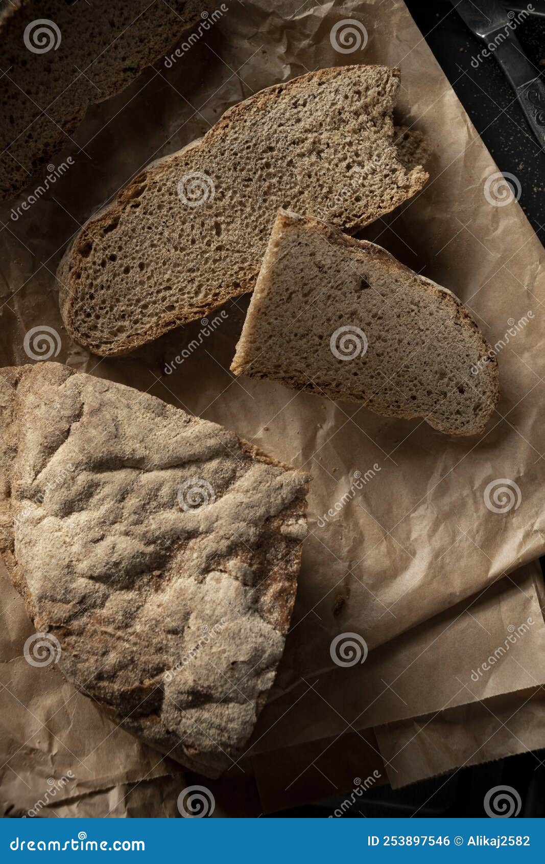 Low Key Food Photography. Black Rustic Bread on Dark Background Stock ...