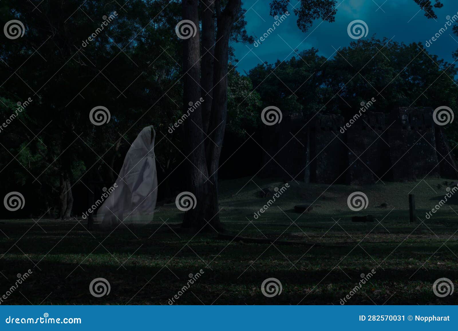 A Blur White Ghost Under Big Tree in Ancient Forest Stock Image - Image ...