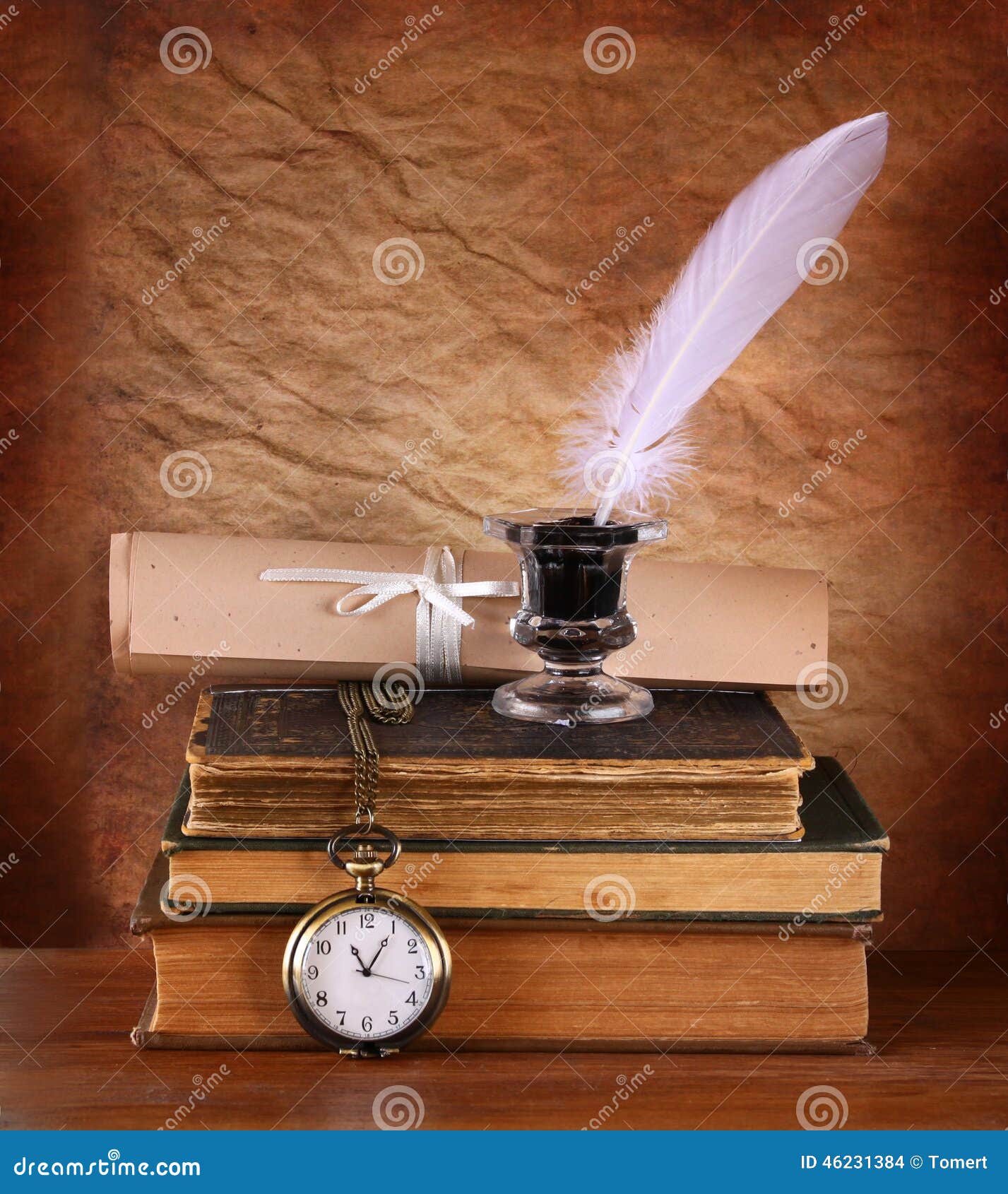 Low Key Image of White Feather, Inkwell and Ancient Books on Old Wooden ...