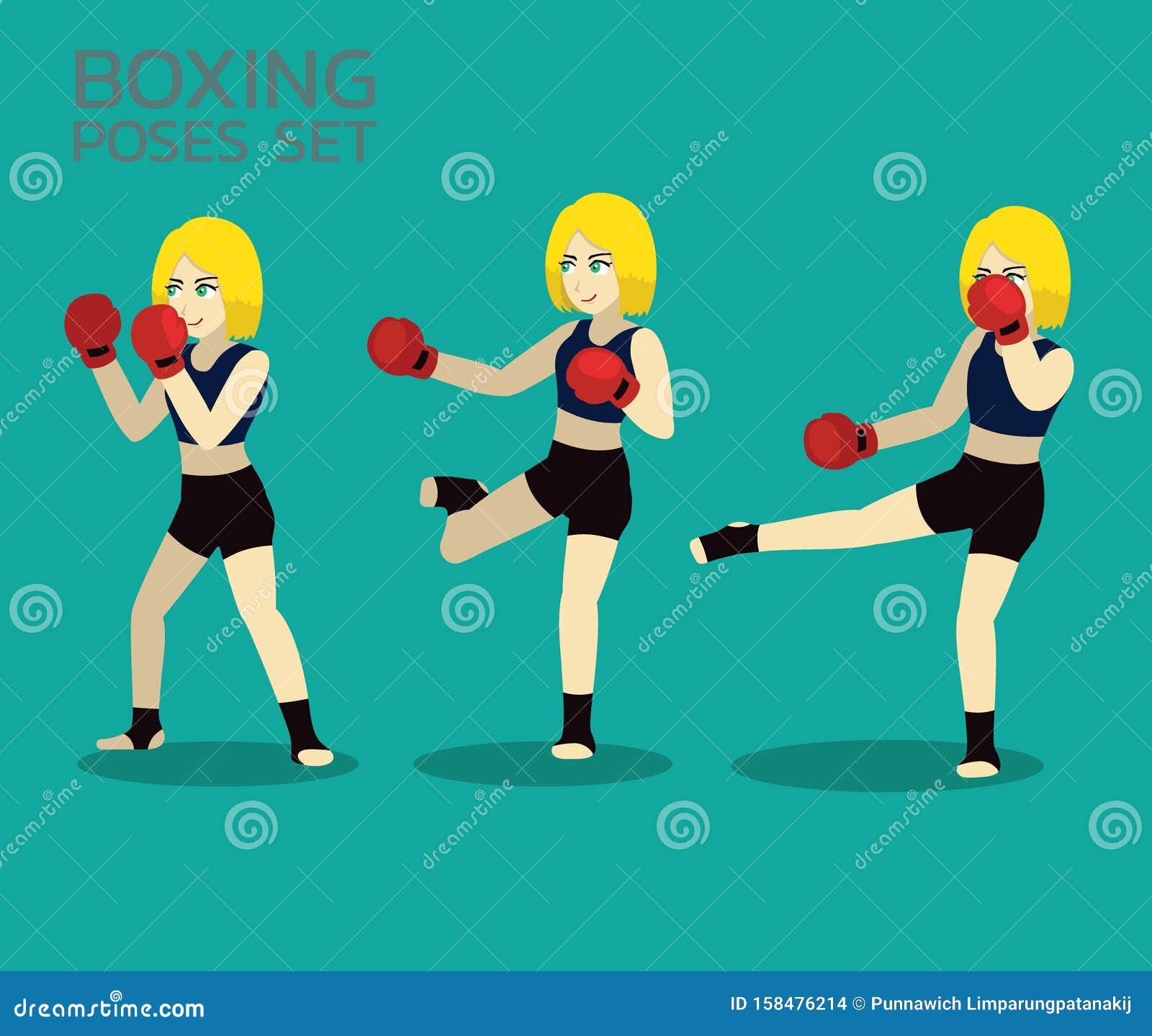 Low Kick Manga Boxing Poses Set Cartoon Vector Illustration Stock ...