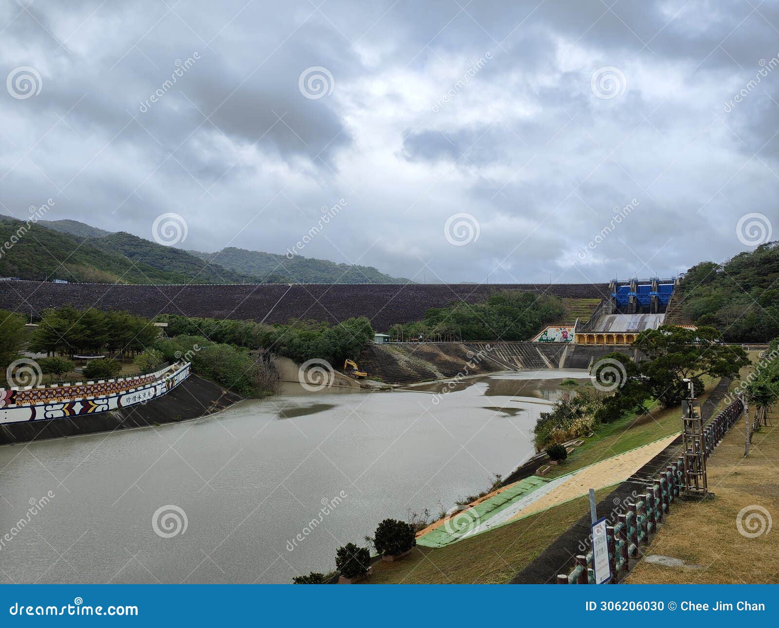 Low Level View of Dam with River Stock Photo - Image of hills, mountain ...