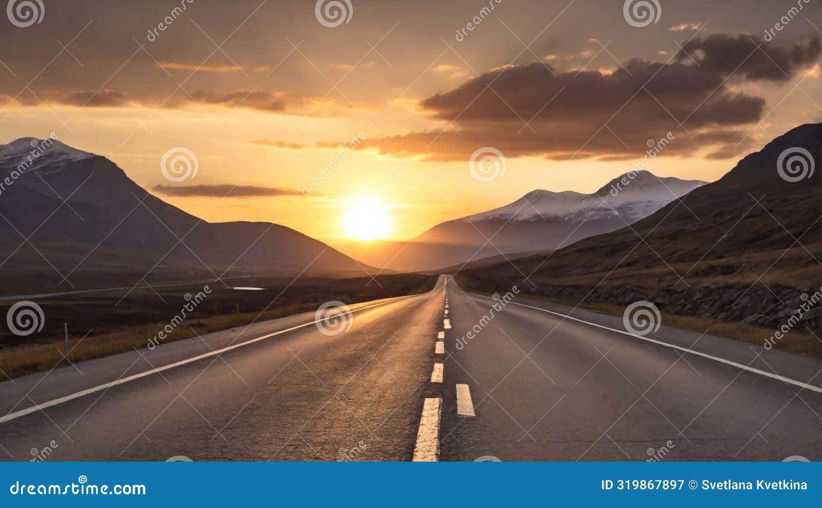 Low Level View of Empty Old Paved Road in Mountain Area at Sunset Stock ...