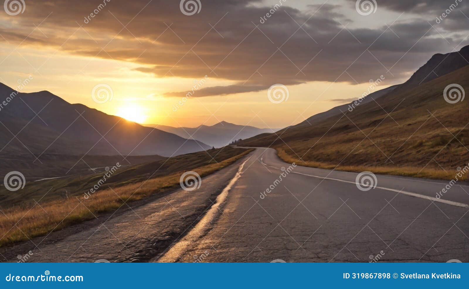Low Level View of Empty Old Paved Road in Mountain Area at Sunset Stock ...