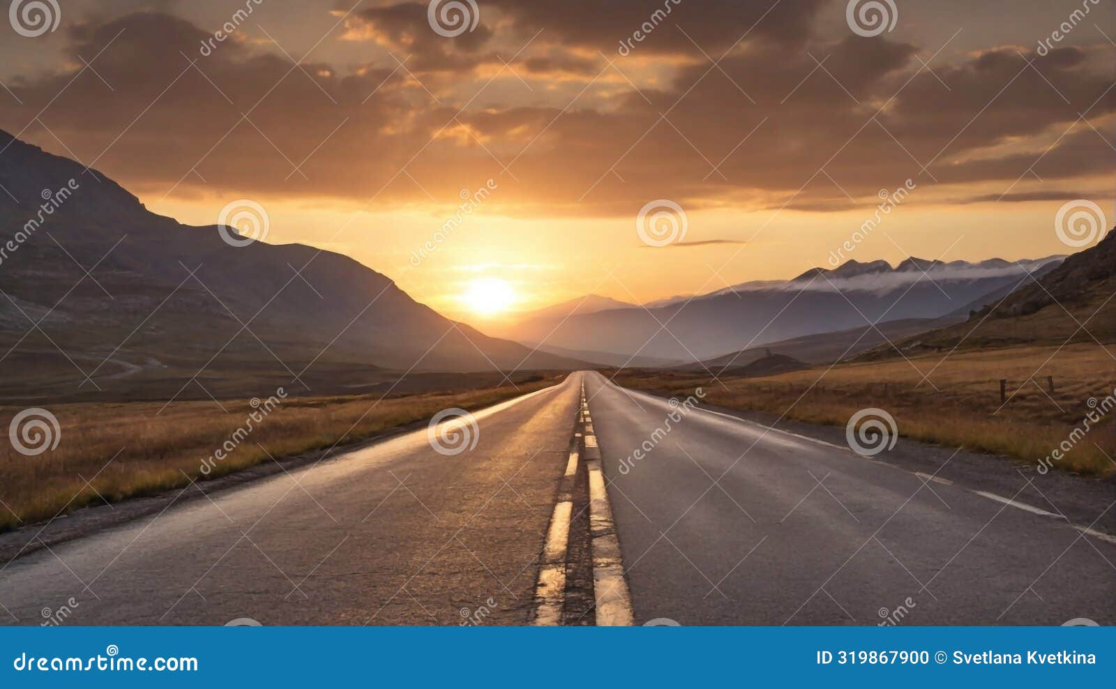 Low Level View of Empty Old Paved Road in Mountain Area at Sunset Stock ...