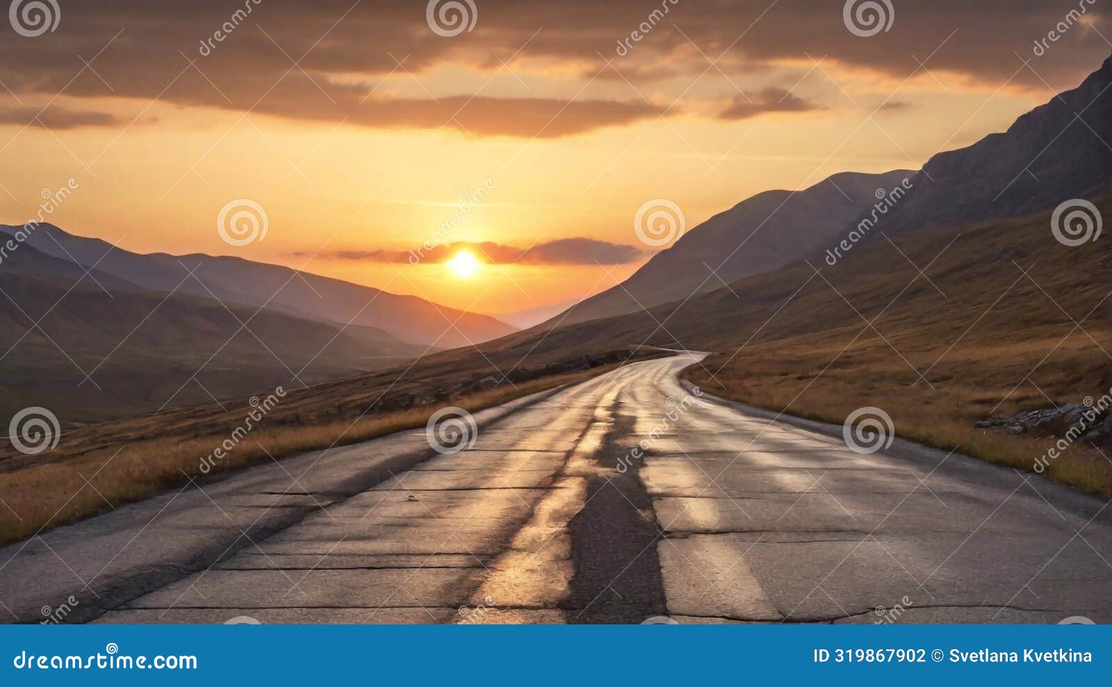 Low Level View of Empty Old Paved Road in Mountain Area at Sunset Stock ...