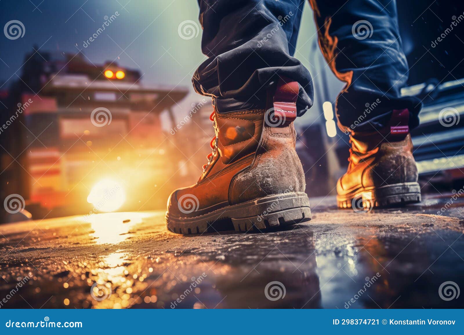 Low Perspective of Industrial Worker& X27;s Boots on Wet Ground at ...
