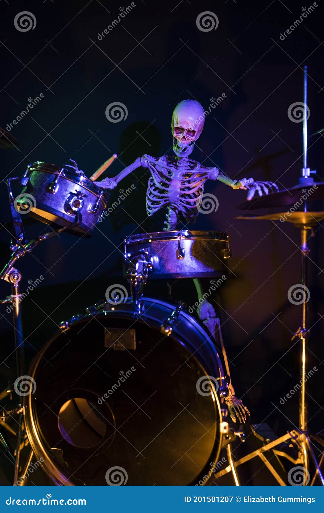 Low Point of View Skeleton Playing Drums in the Dark Stock Image ...