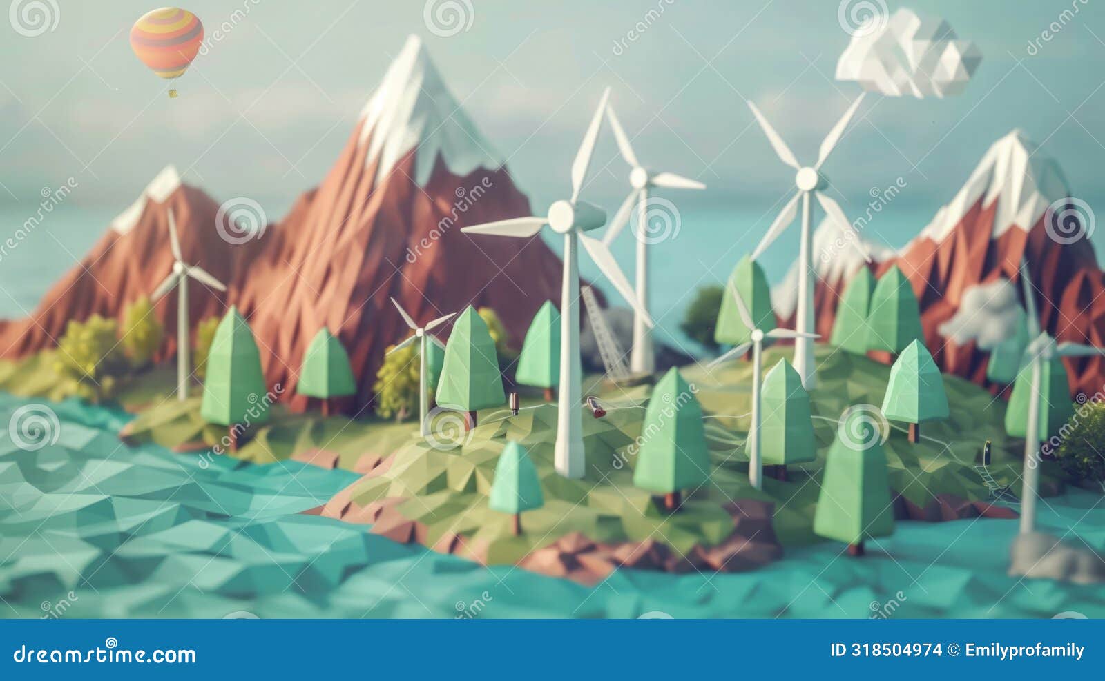 Low Poly Animation of Wind Turbines and Trees Stock Photo - Image of ...
