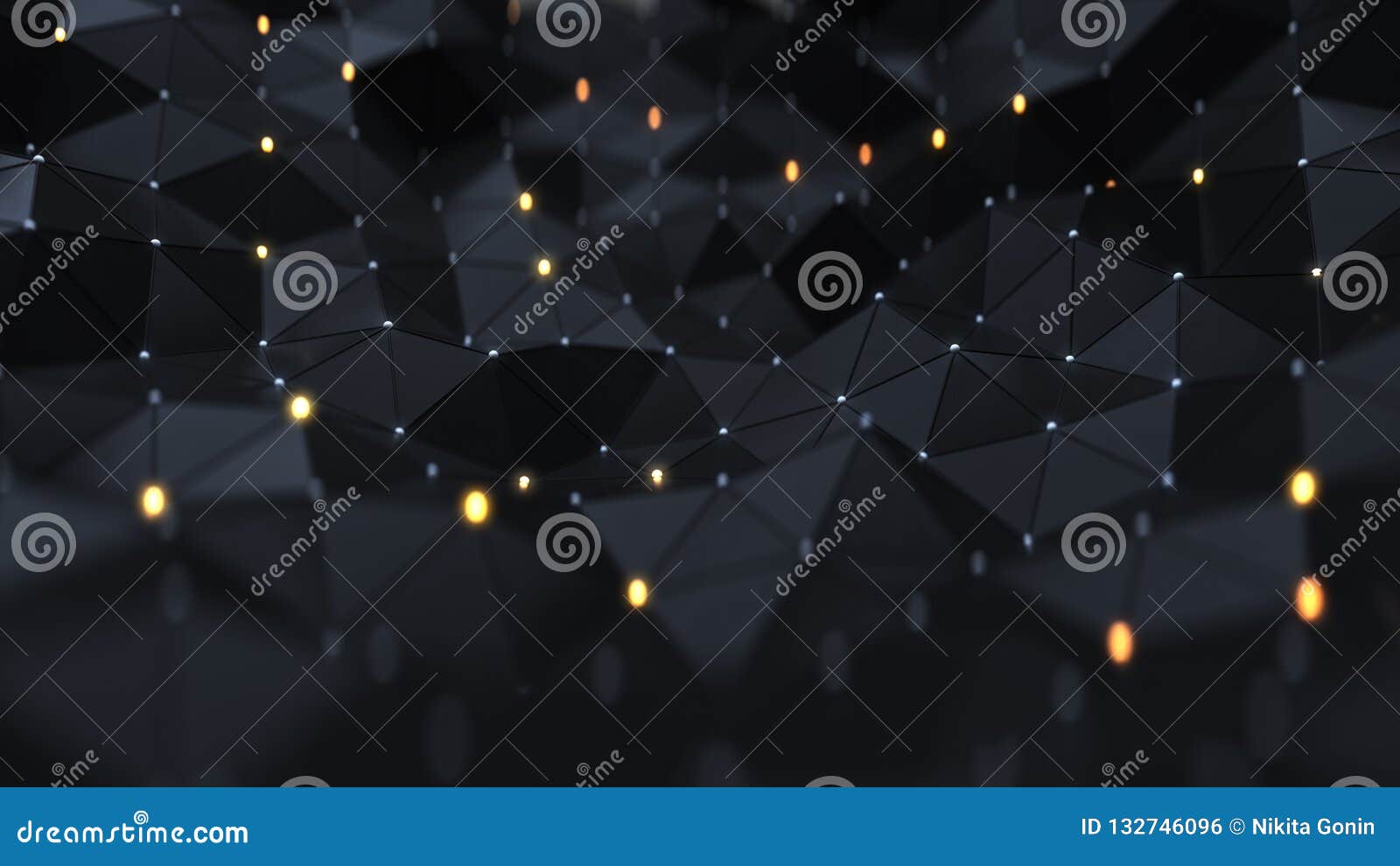 Low Poly Black Surface with Glowing Nodes 3D Render Stock Illustration ...
