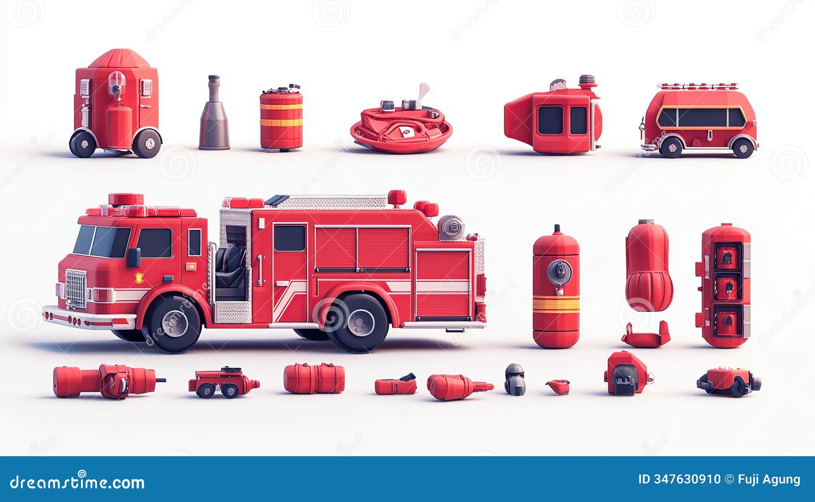 Low-poly 3D Model of a Firetruck and Firefighting Equipment Stock ...