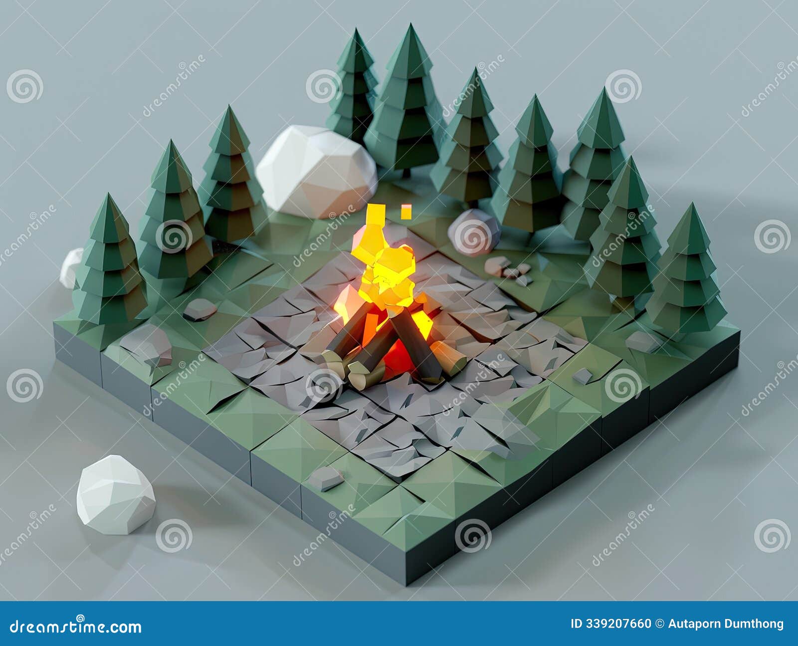 Low-poly 3D Outdoor Scene with a Bright Campfire, Surrounded by Trees ...