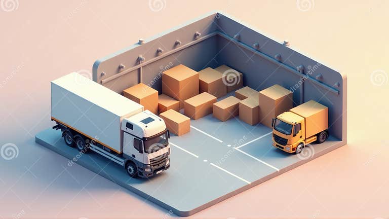 Low Poly 3D Render of Cargo Trucks Loading Boxes in Warehouse Stock Illustration - Illustration ...