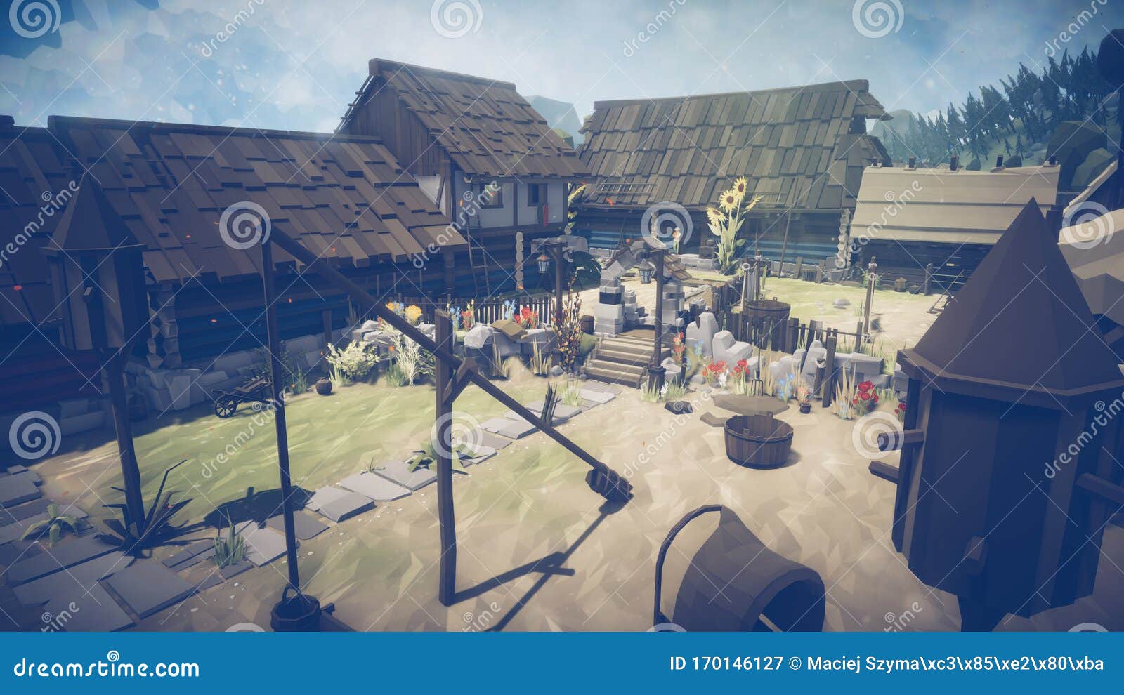 Low Poly Medieval Town stock illustration. Illustration of patch ...