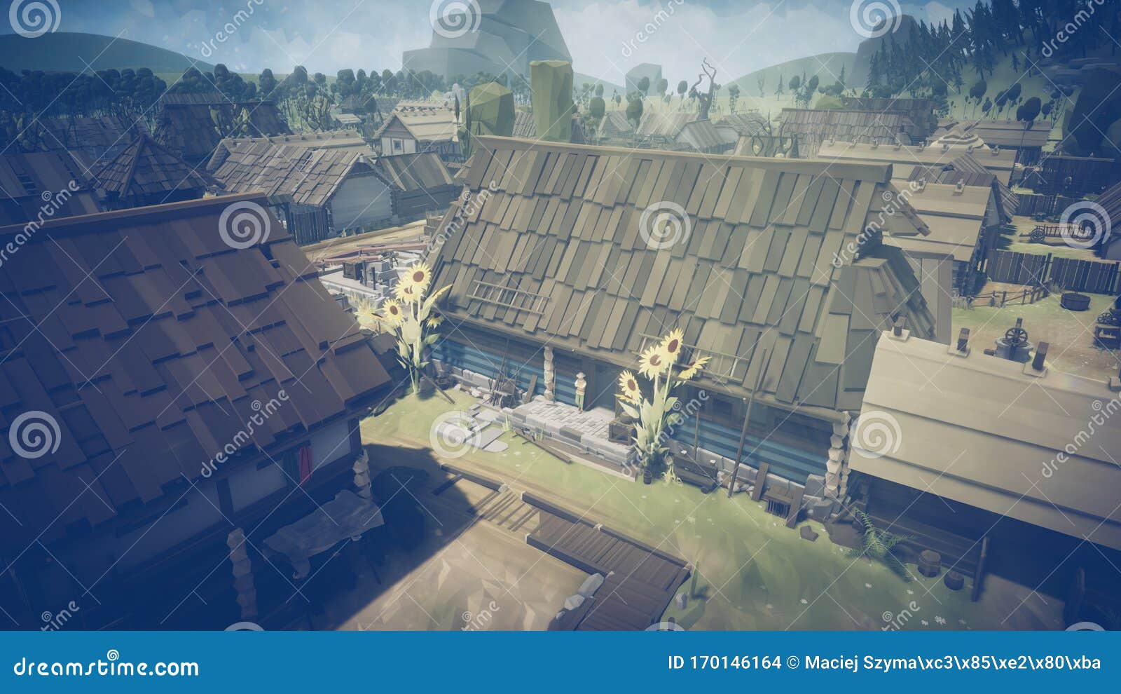 Low Poly Medieval Town stock illustration. Illustration of plants ...