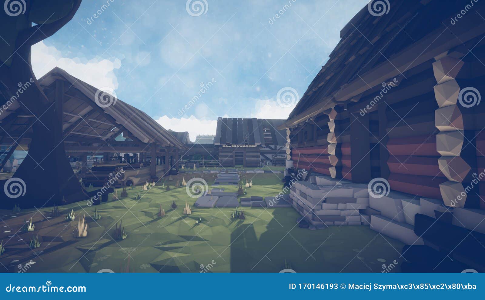 Low Poly Medieval Town stock illustration. Illustration of mountain ...