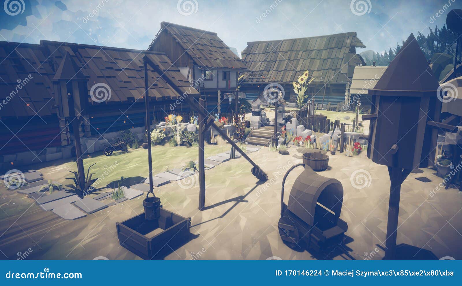Low Poly Medieval Town stock illustration. Illustration of environment ...