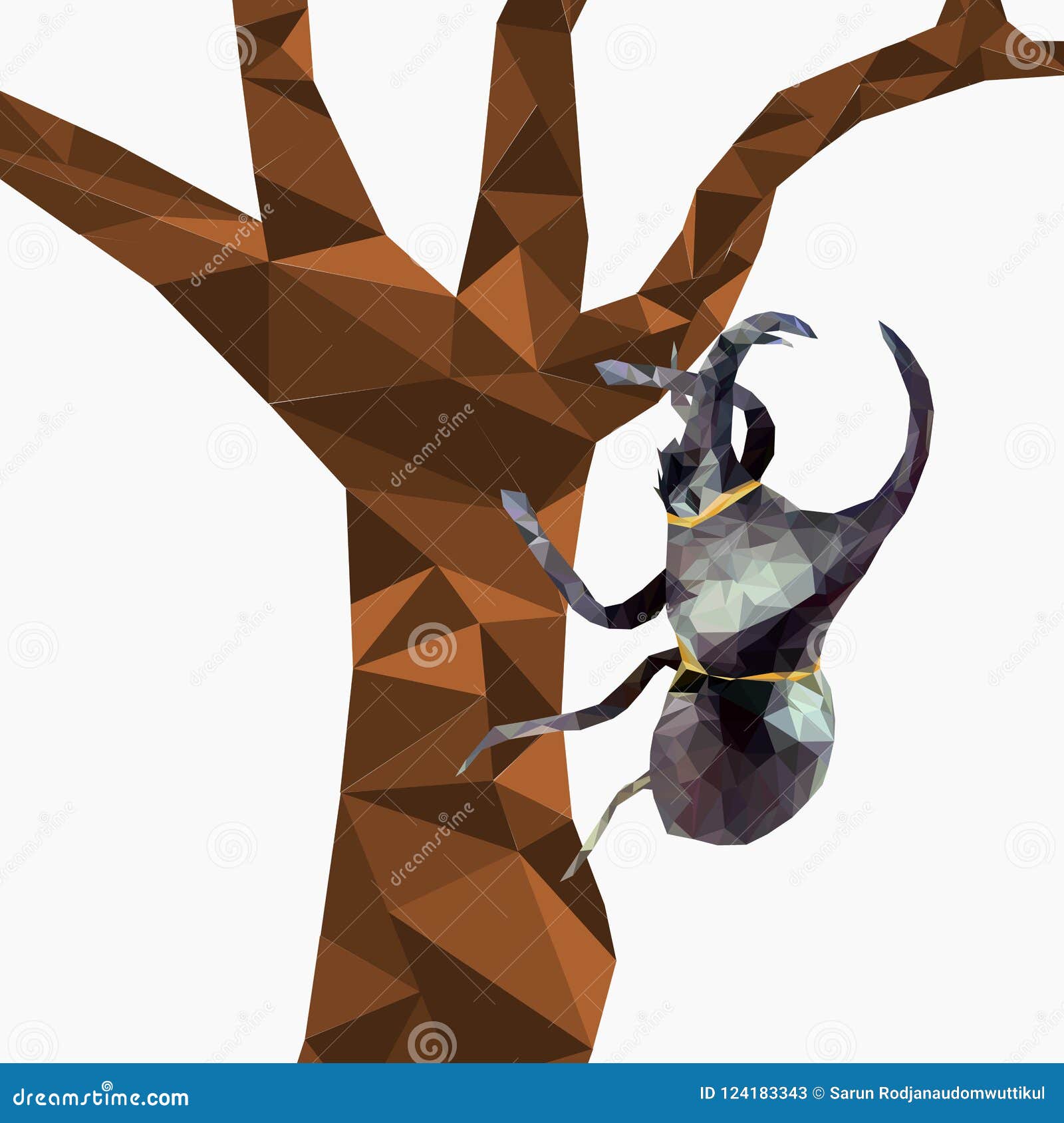 Low Poly Dynastinae Or Rhinoceros Beetles On Tree And Falling Leaf With ...