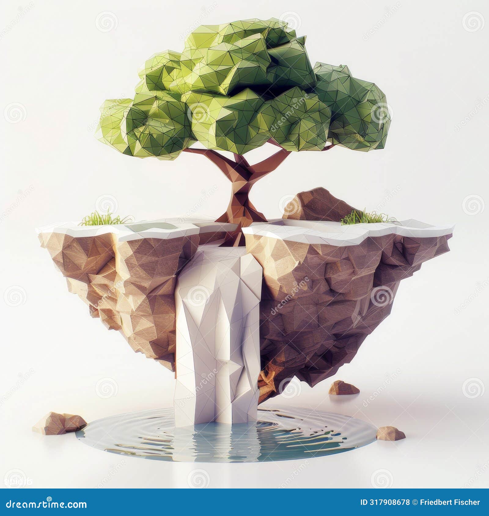 Low Poly Floating Island with Tree, Waterfall, and Rocks on White ...