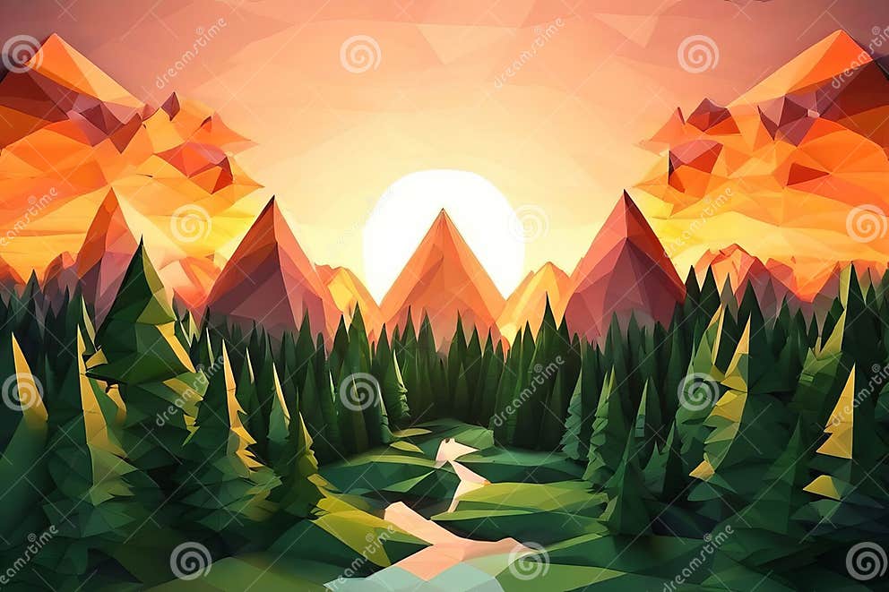 Low Poly Forest Landscapetriangular Polygons Create a Stylized a Stock ...