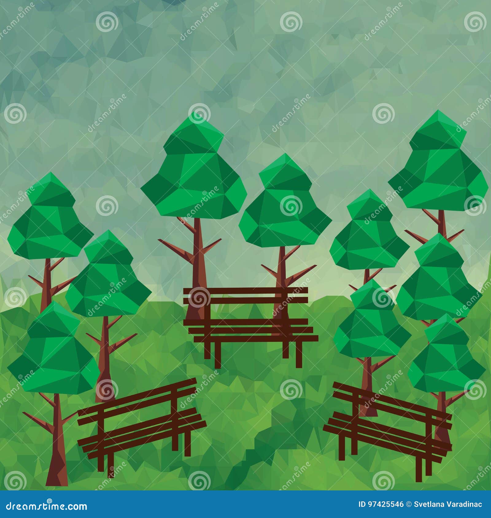 Low Poly Forest with Trees and Benches Stock Vector - Illustration of ...